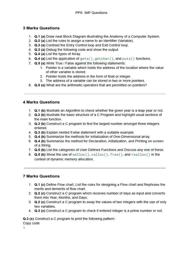 PPS IMP Questions | PDF | Pointer (Computer Programming) | C (Programming Language)