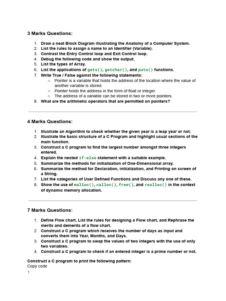 Pps Imp Que Pdf Pointer Computer Programming C Programming Language
