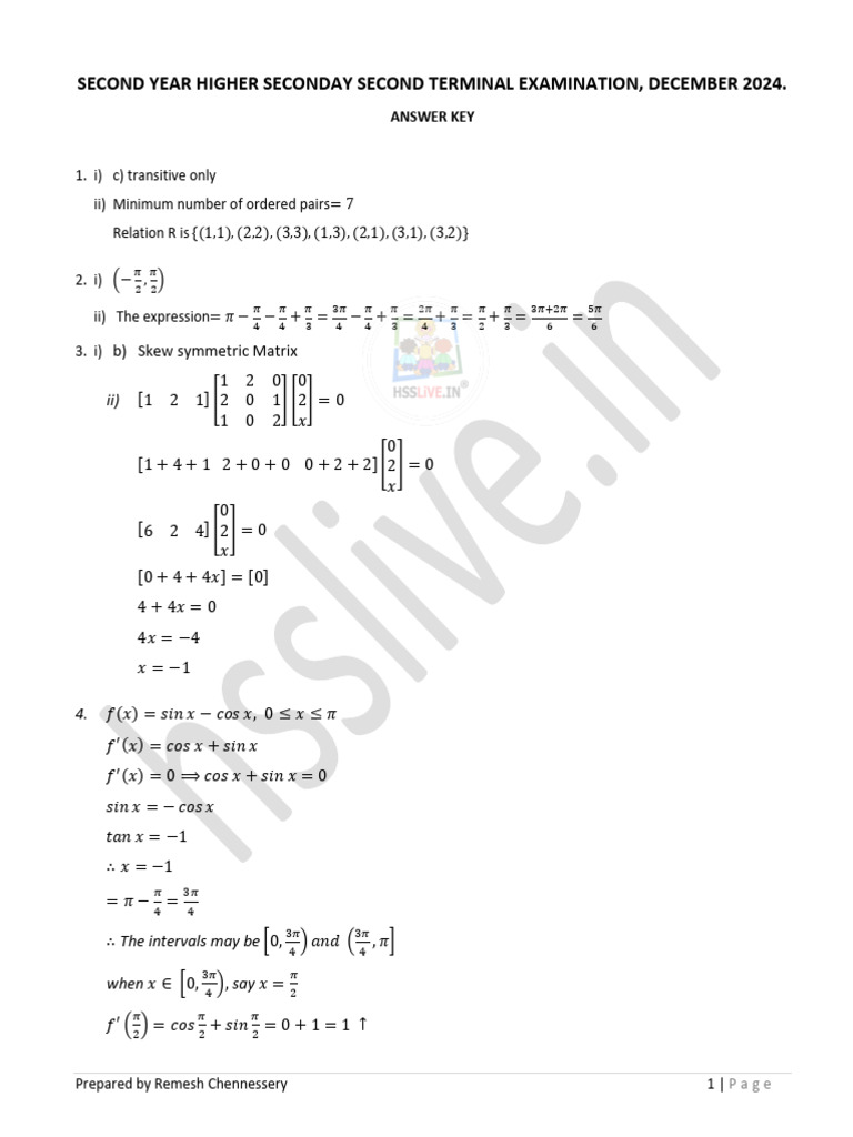 Hsslive XII Maths Key Dec 2024 | PDF | Linear Algebra | Algebra