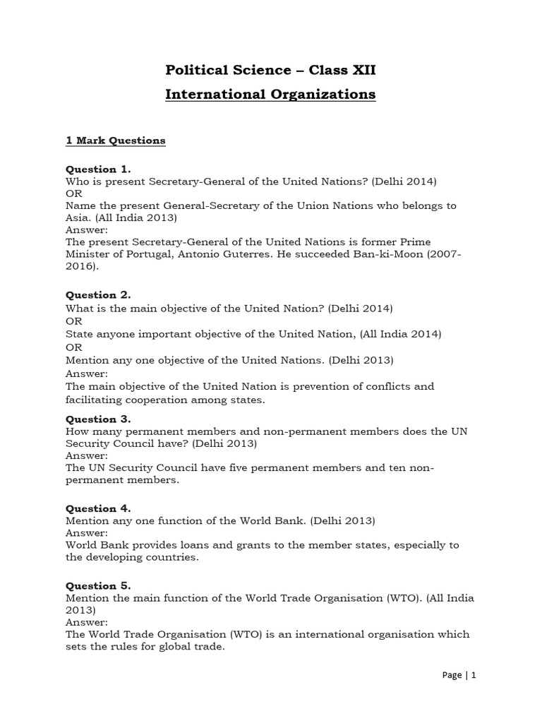 Questions and Answers - International Organizations | PDF | United ...