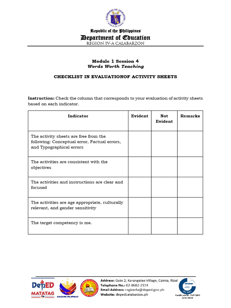 Checklist in Evaluating Activity Sheets - Module 1 Session 4 | PDF