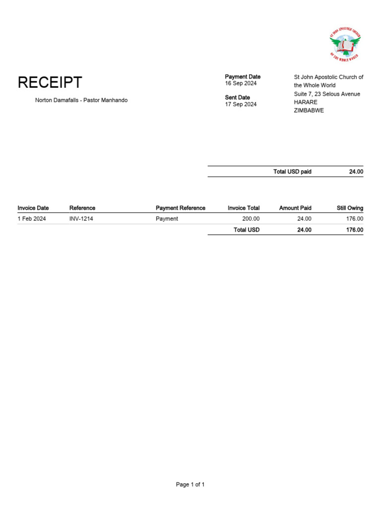 Receipt From ST John Apostolic Church of The Whole World 16sep2024 | PDF