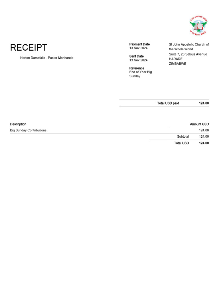 Receipt From St John Apostolic Church of the Whole World 13Nov2024 | PDF