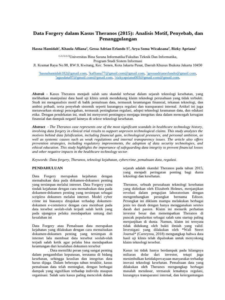 Data Forgery Dalam Kasus Theranos (2015) - Analisis Motif, Penyebab, Dan Penanggulangan | PDF