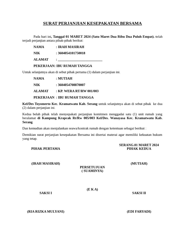 SURAT PERJANJIAN KESEPAKATAN BERSAMA | PDF