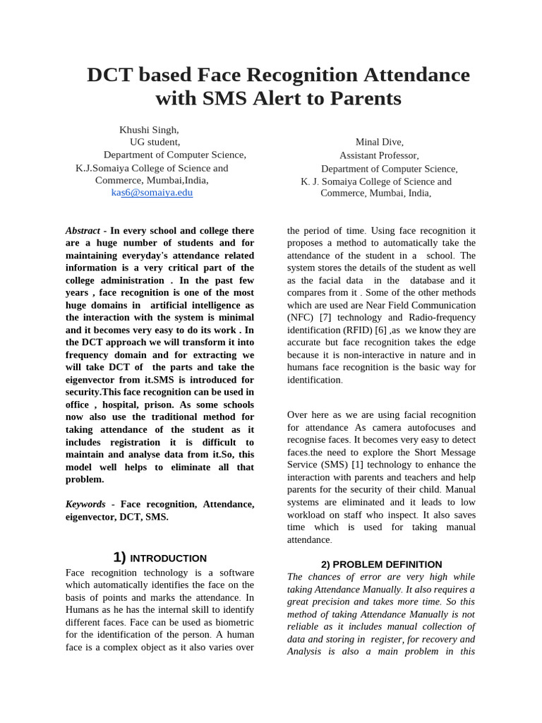 DCT Based Face Recognition Based Attendance With With Alert To Guardian ...