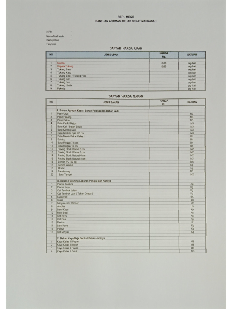 daftar harga upah dan bahan | PDF