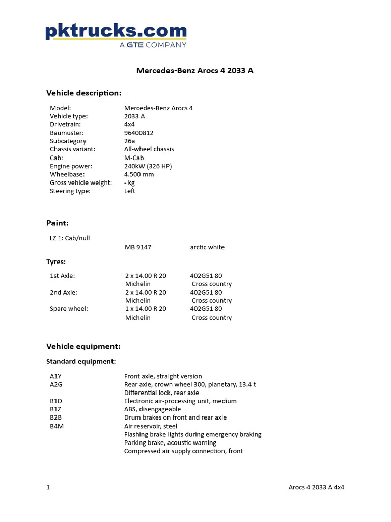 Me4866 Mercedes Benz Arocs 2033 4x4 Chassis Cabin Specification | PDF ...