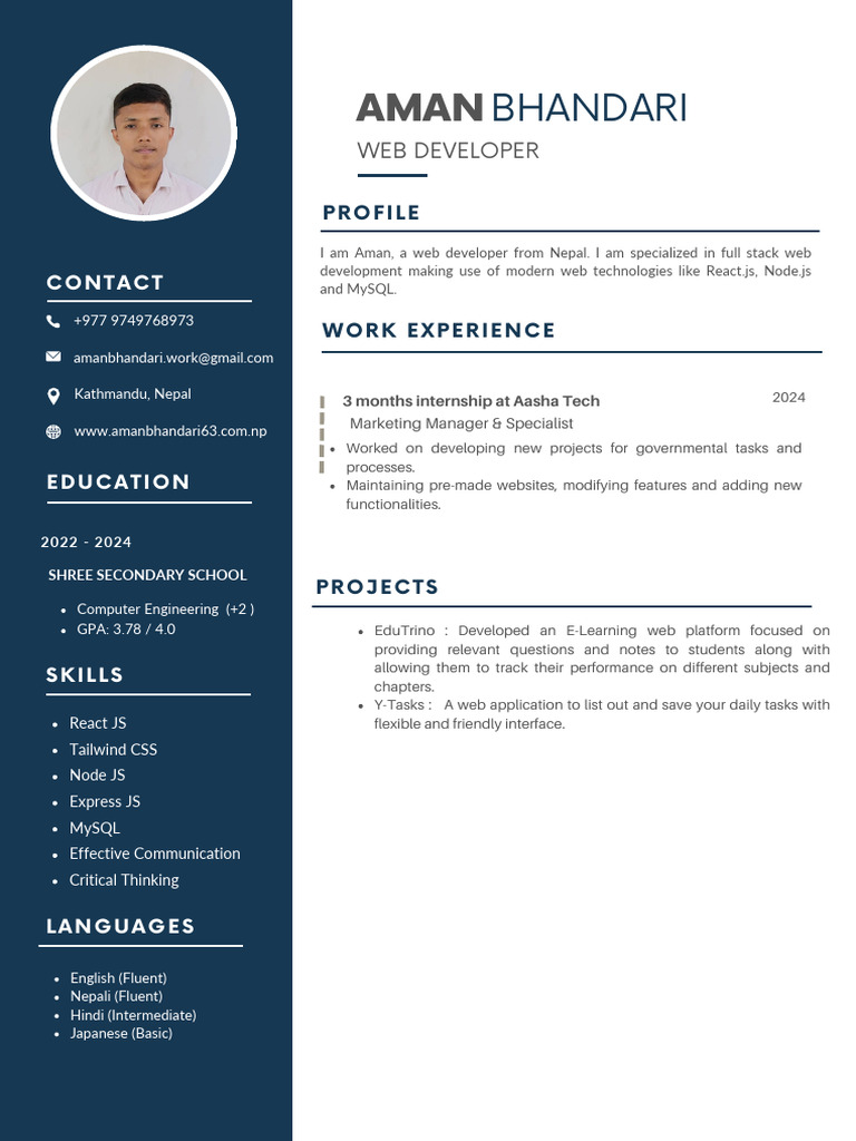 Web Developer CV for Aman Bhandari | PDF