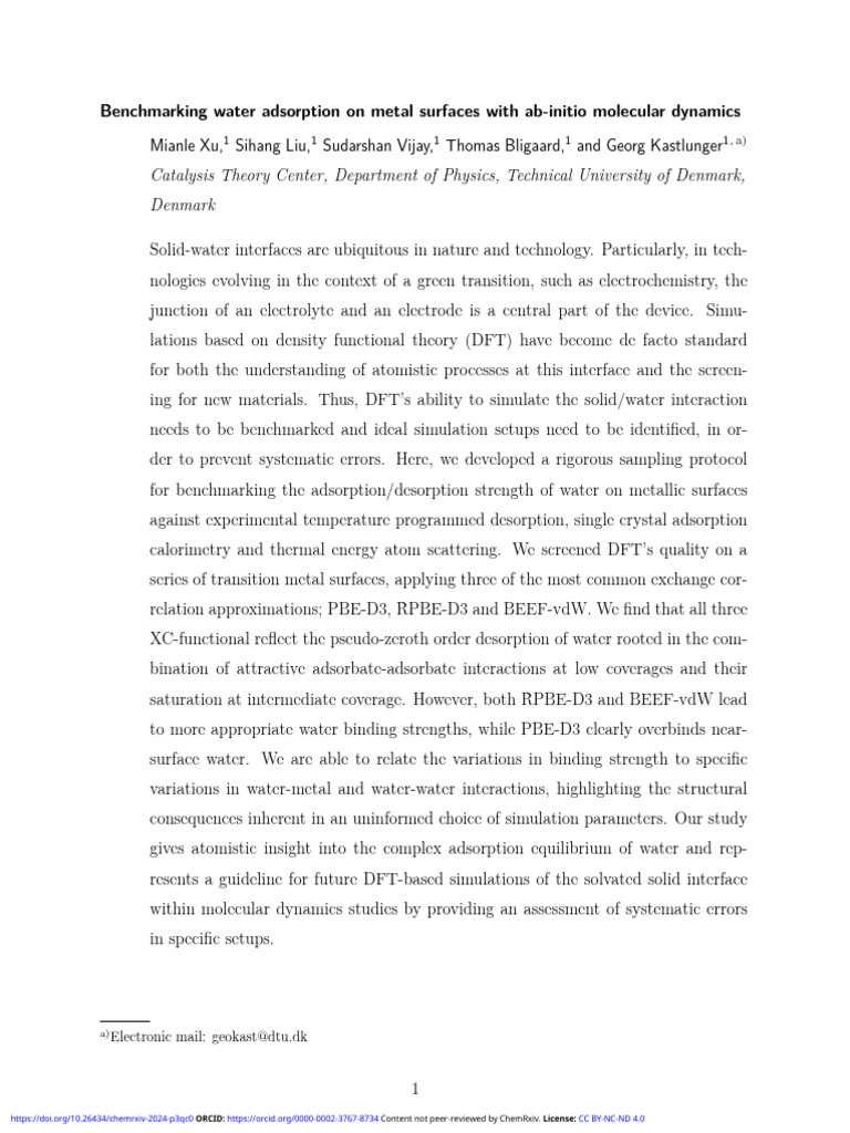 Benchmarking Water Adsorption on Metal Surfaces With Ab Initio Molecular Dynamics | PDF ...