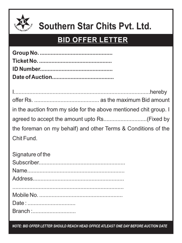 Southern Star Chits Pvt. LTD.: Bid Offer Letter | PDF