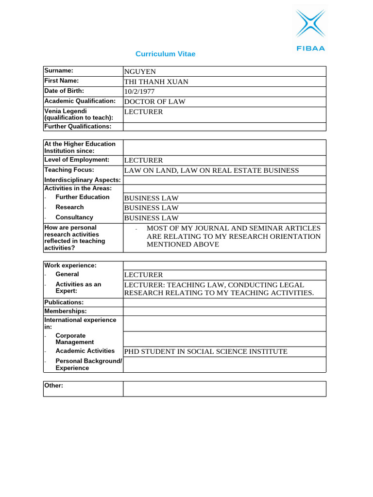 Thi Thanh Xuan Nguyen - Law Lecturer CV | PDF