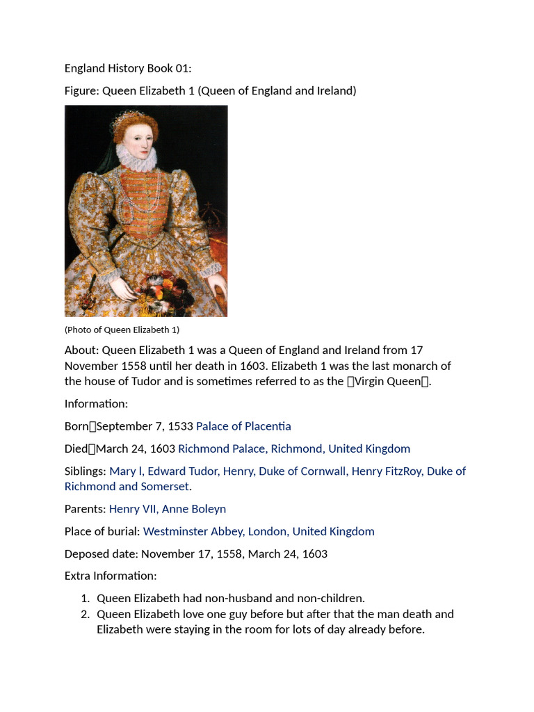 History Book 01 Bout' Queen Elizabeth 1 | PDF