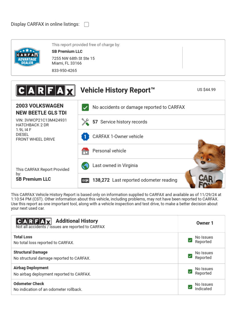 CARFAX 2003 VOLKSW_241219_141359 | PDF | Vehicles | Engines