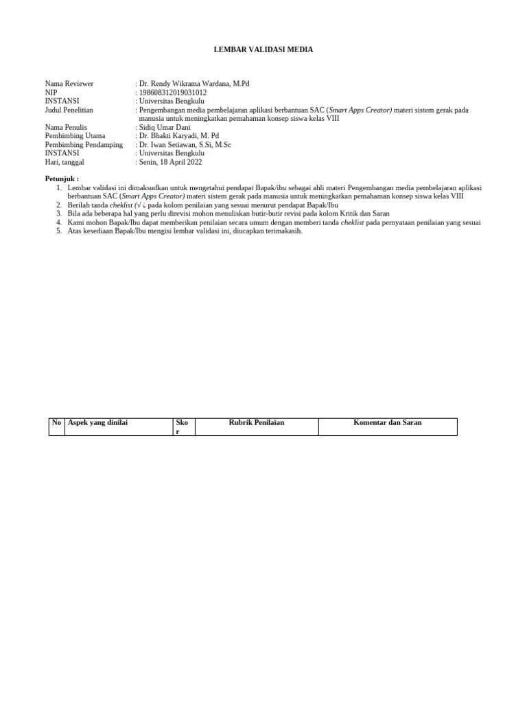 Lembar Validasi Media 1 | PDF