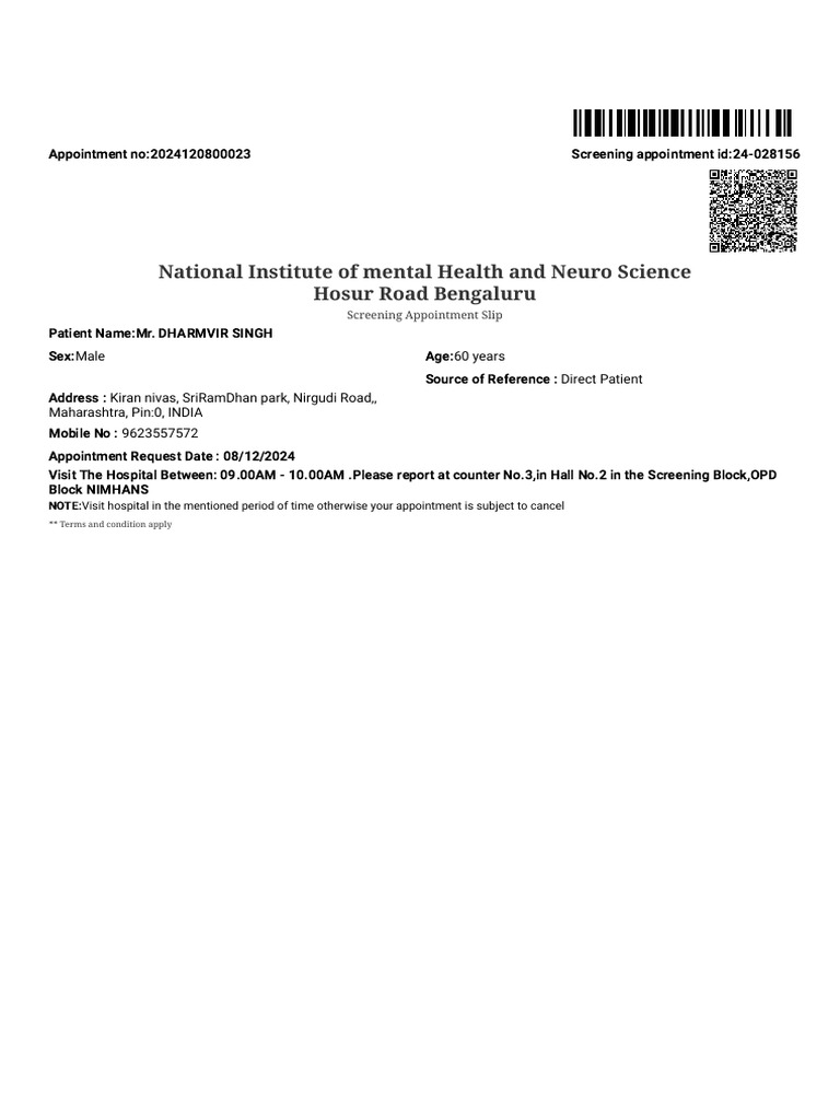 NIMHANS Appointment | PDF