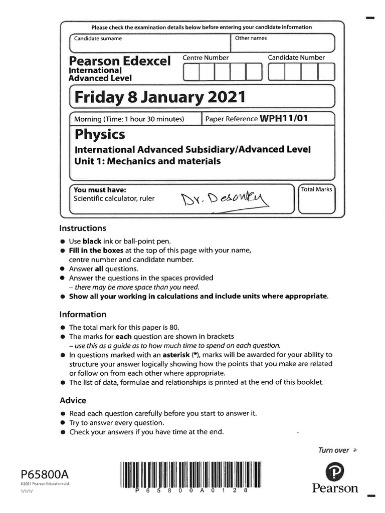 January 2021 (IAL) AK - Unit 1 Edexcel Physics A-Level | PDF