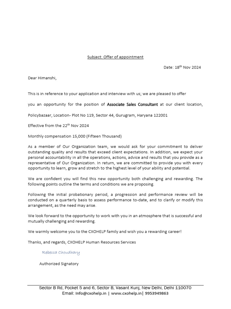 Appointment Offer for Sales Consultant | PDF