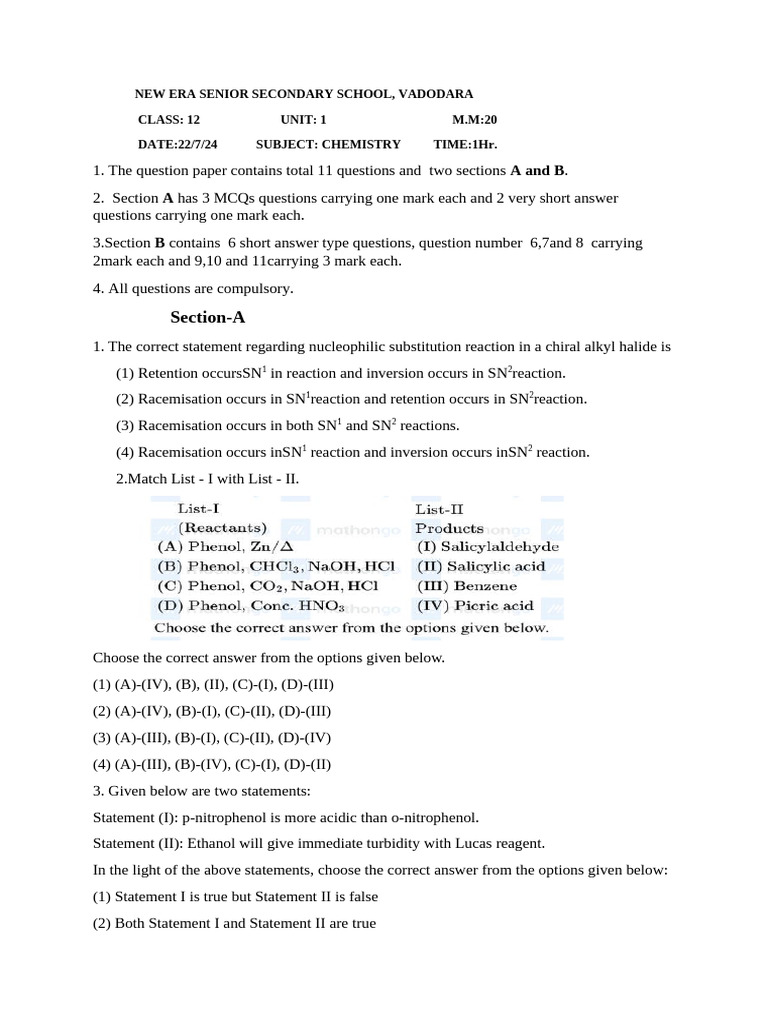 Chemistry Exam Paper Class 12 Vadodara | PDF | Chemical Reactions ...