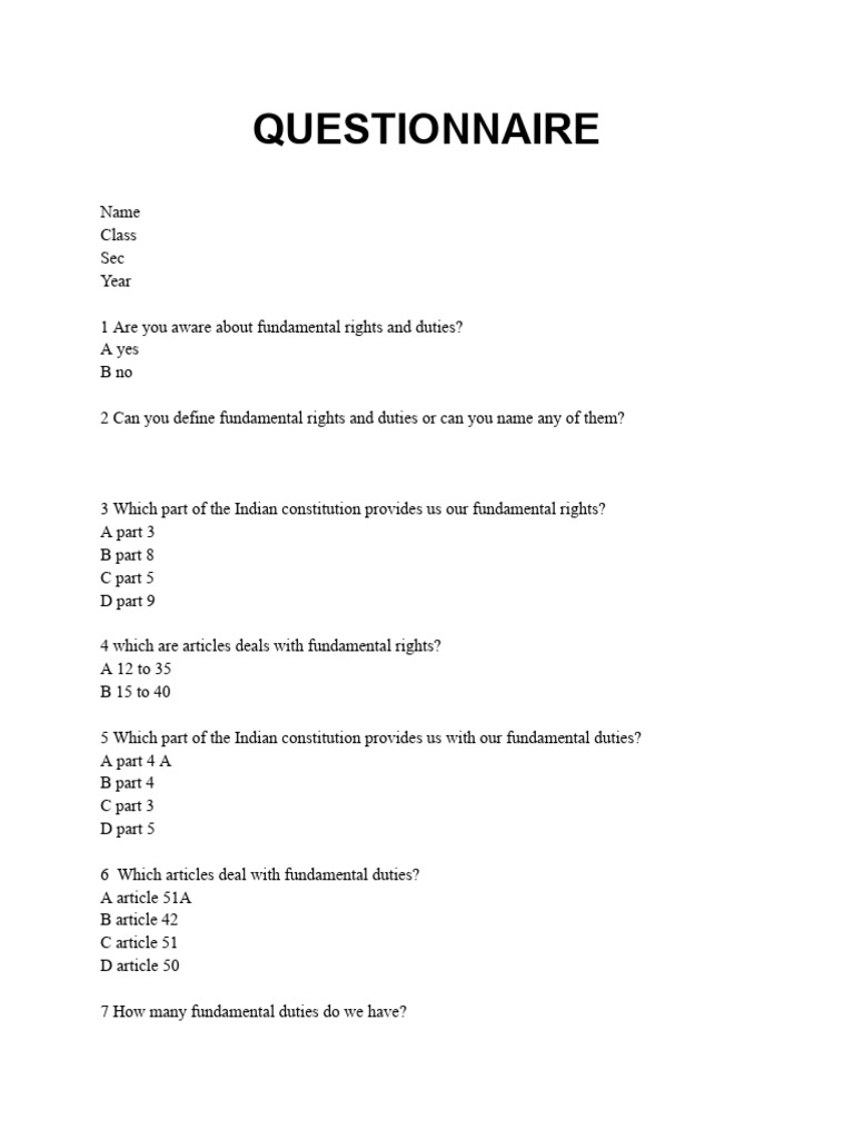 Fundamental Rights and Duties Questionnaire | PDF