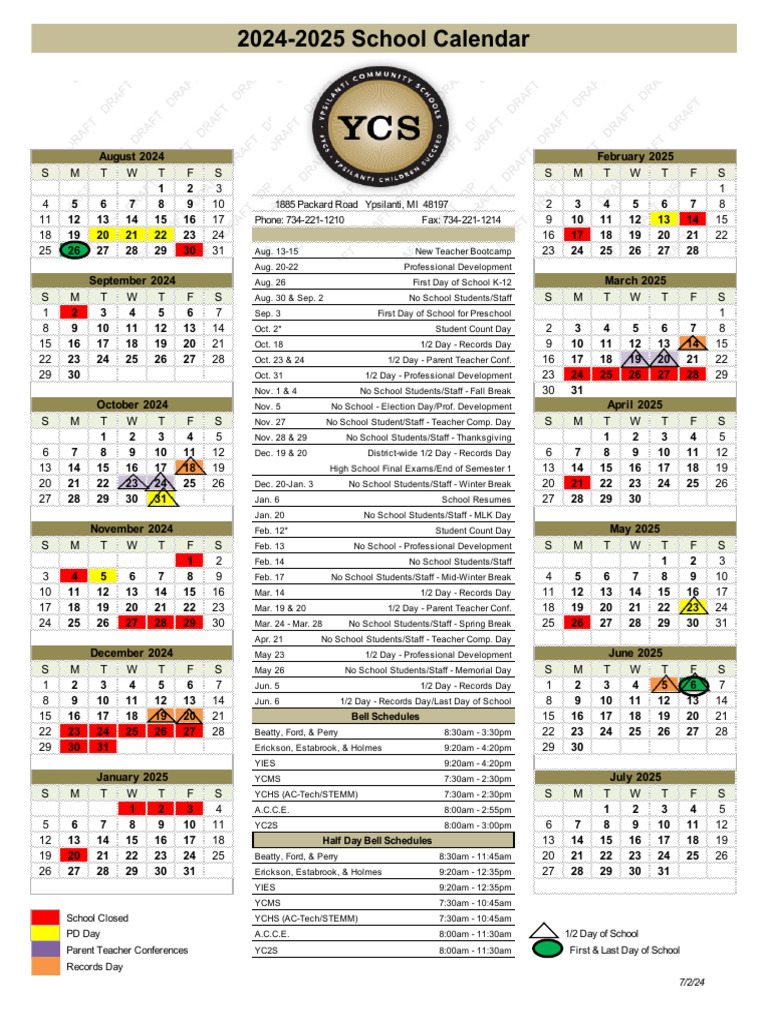 2024-2025 Ycs School Calendar Draft 7.2 1 | PDF