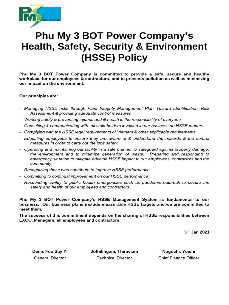 Phu My 3 HSEQ Policy - 2021 - For Siging Off | PDF | Employment | Risk