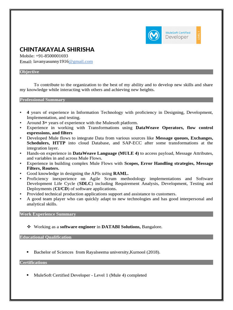MuleSoft Developer Resume Summary | PDF | Web Service | Soap