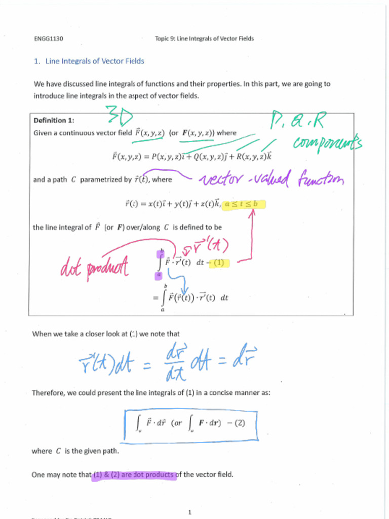 9 Line Integral of Vector Field - Class E1 | PDF