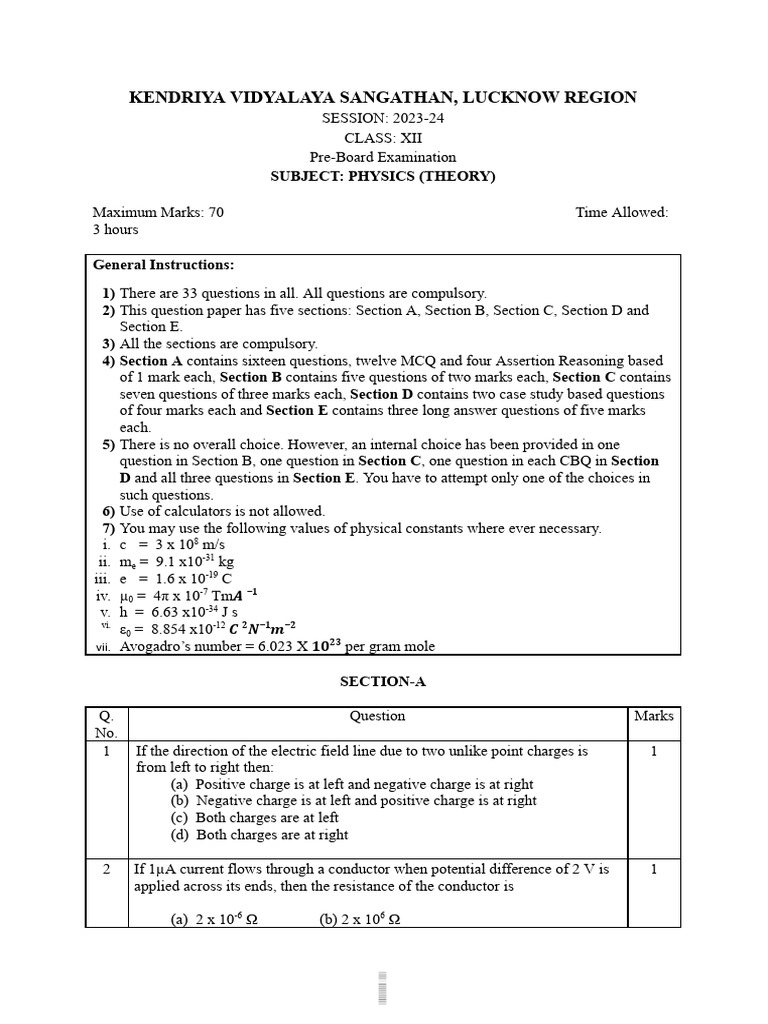 KVS Lucknow XII PHY QP & MS Pre-Board (23-24) | PDF | Semiconductors ...