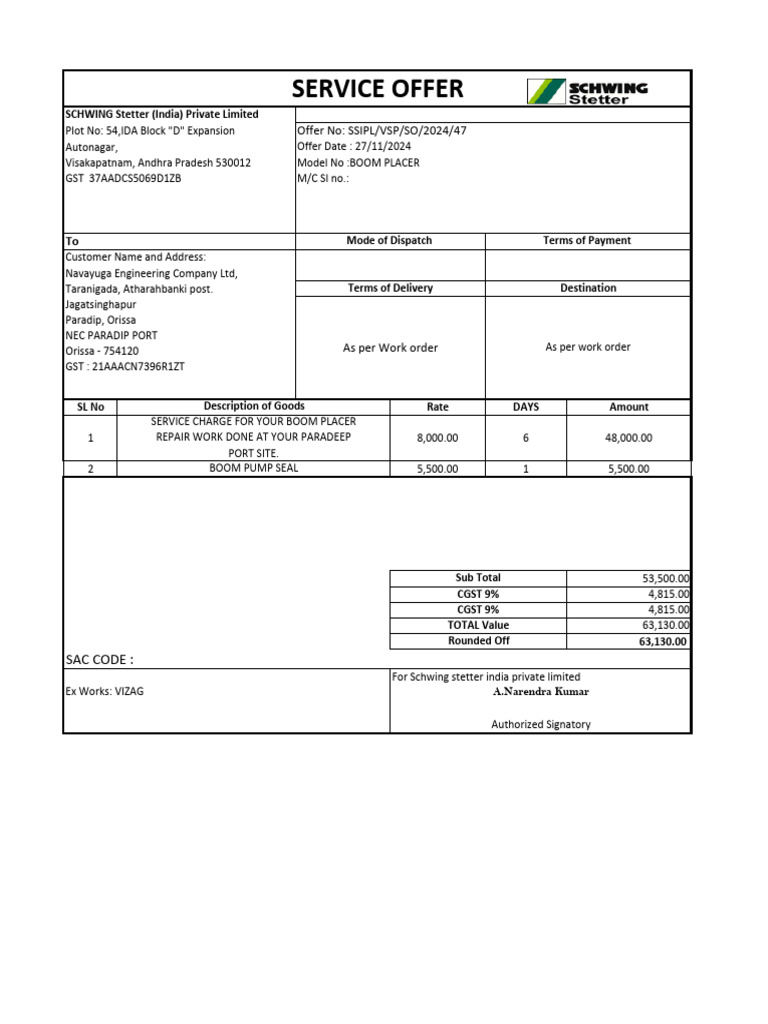 Boom Placer Repair Invoice | PDF