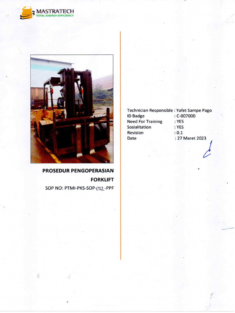 022-Sop Prosedur Pengoperasian Forklift | PDF