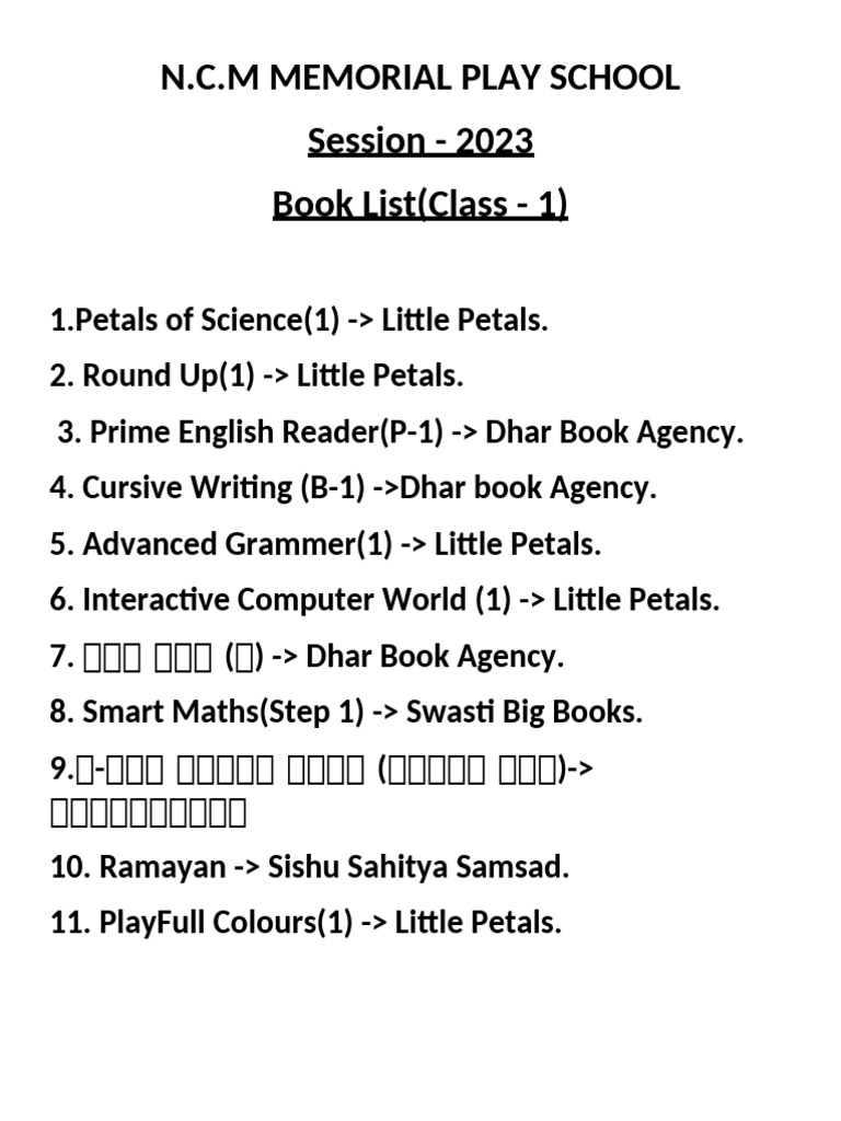N.C.M Memorial Play School Session - 2023 Book List (Class - 1) | PDF