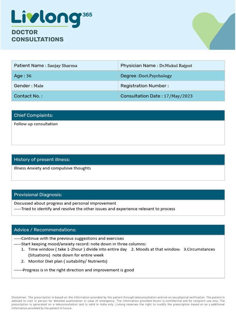 Sanjay Sharma DR - Mukul Rajput 36 Doct - Psychology Male 17/may/2023 | PDF