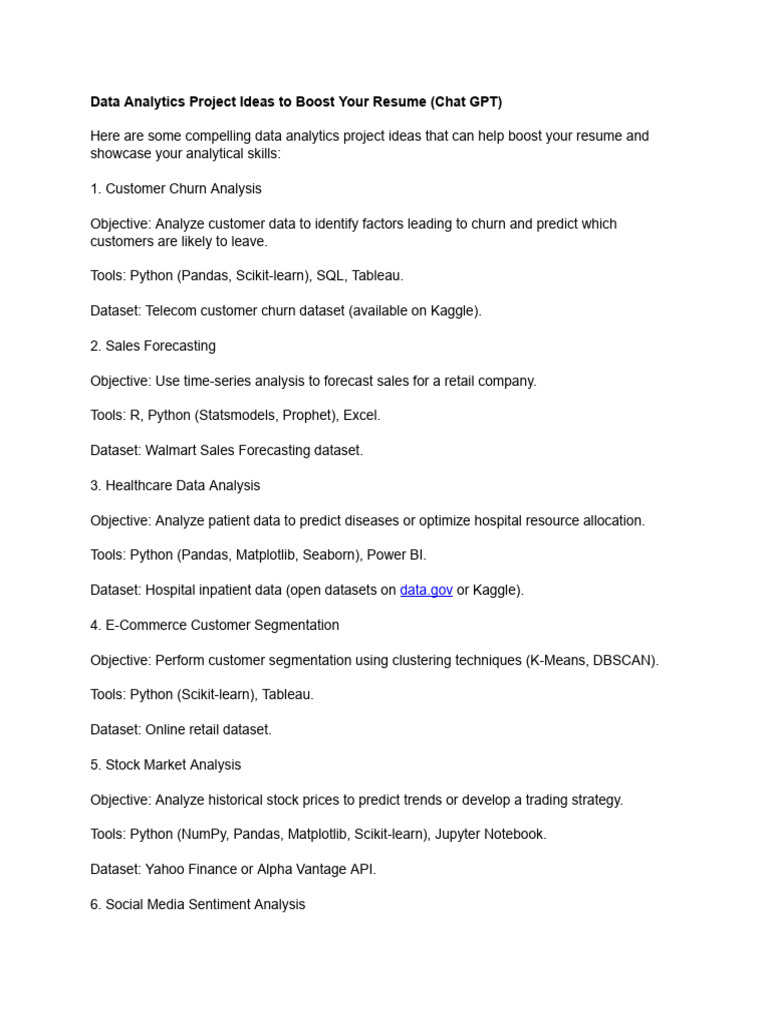 Data Analytics Project Ideas To Boost Your Resume (Chat GPT) | PDF ...