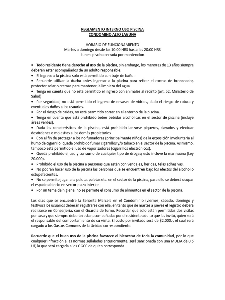 Reglamento Interno Uso Piscina | PDF | De fumar | Piscina