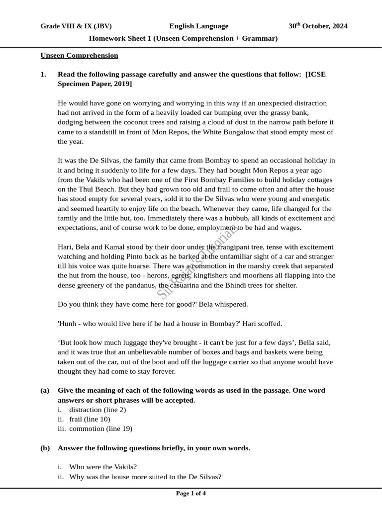 Std. VIII + IX ICSE English Language Homework Sheet 1 (Q. Paper) | PDF