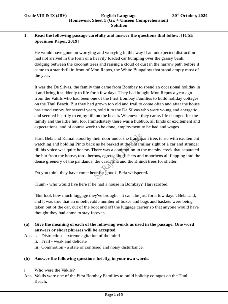Std. VIII + IX ICSE English Language Homework Sheet 1 (Solution) | PDF