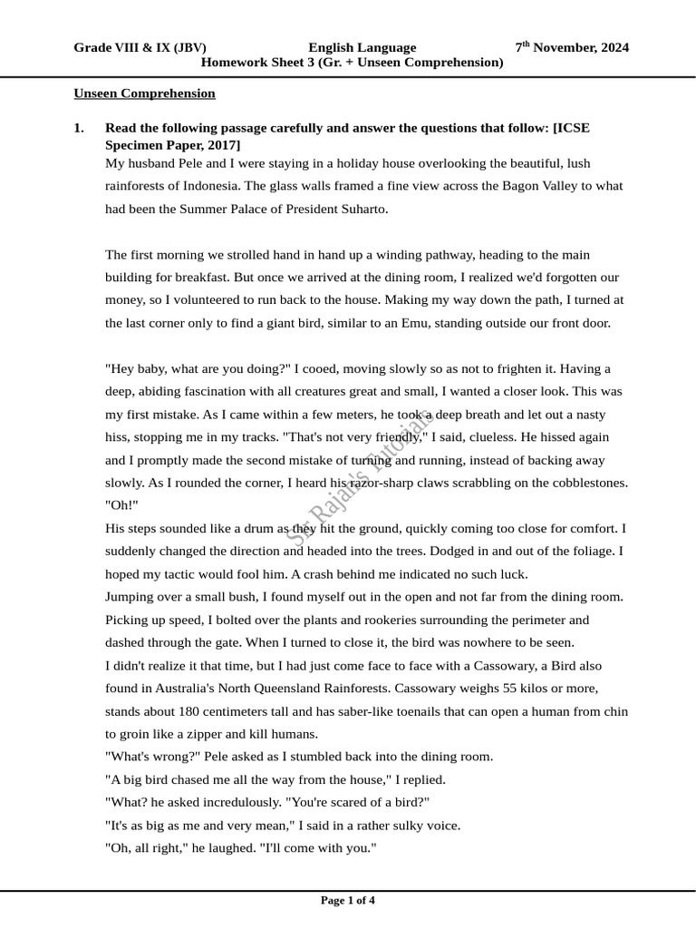 Std. VIII + IX ICSE English Language Homework Sheet 3 (Q. Paper) | PDF