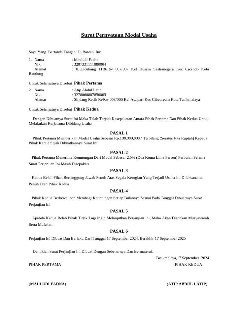 Surat Perjanjian Modal Usaha Pdf
