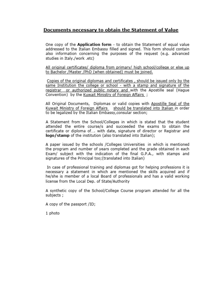 DOV Application Requirements for Italy | PDF