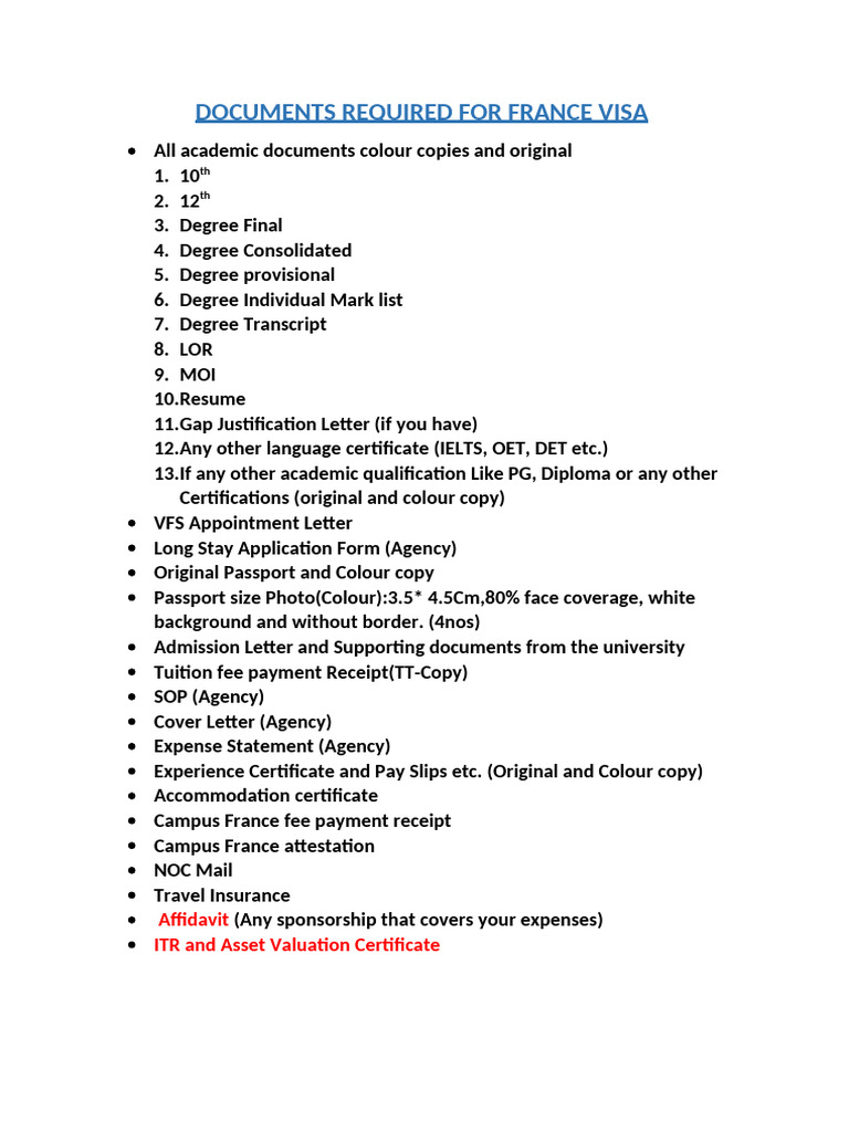 Documents Required For France Visa | PDF