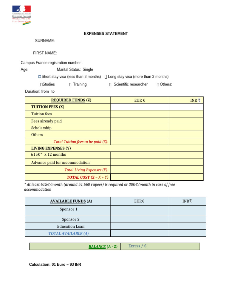 FRANCE EXPENSE SHEET Sample | PDF