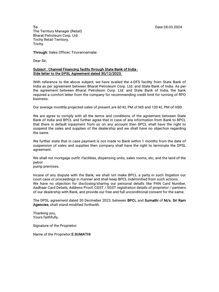 Comfort Letter BPCL | PDF