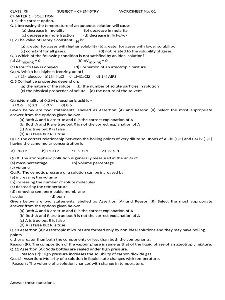 12 Chemistry Solution Worksheet 1 Today | PDF | Solubility | Chemistry