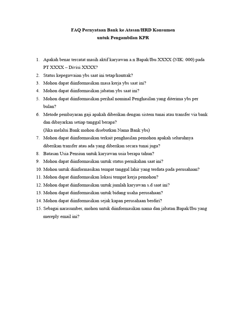 FAQ Pernyataan Bank ke HRD Konsumen untuk Pengambilan KPR | PDF