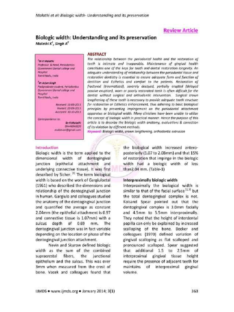Biologic Width Understanding and Its Preservation 66610708 | PDF