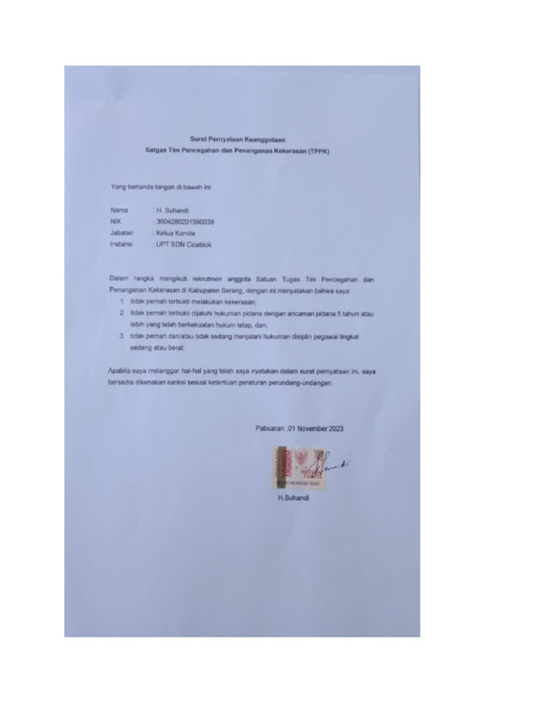 Surat Pernyataan Tim TPPK Dan SK Kepala Upt SD Ciceblok | PDF