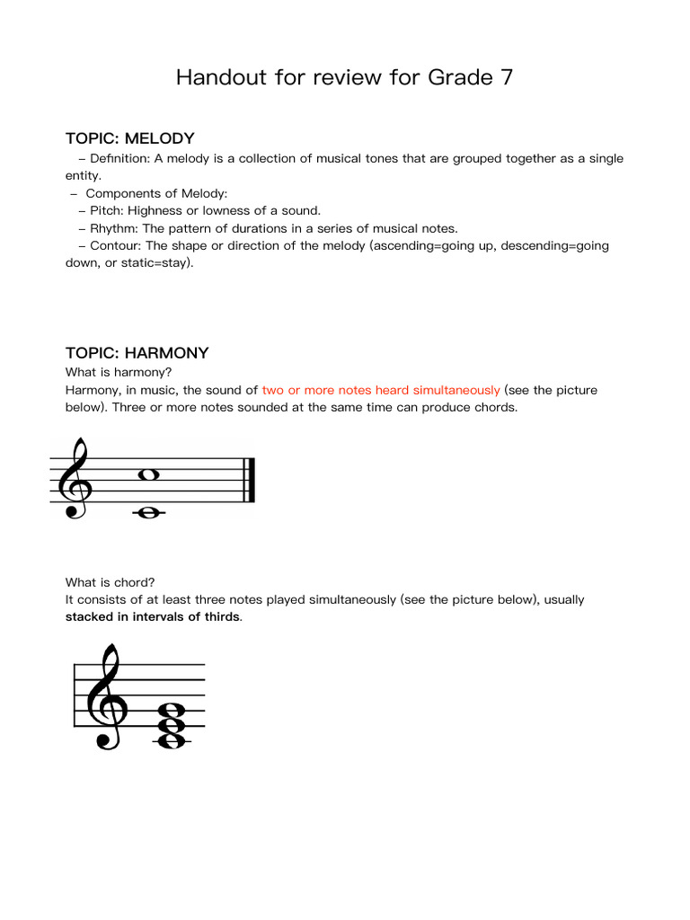 Handout For Review-Grade 7 | PDF | Tempo | Harmony