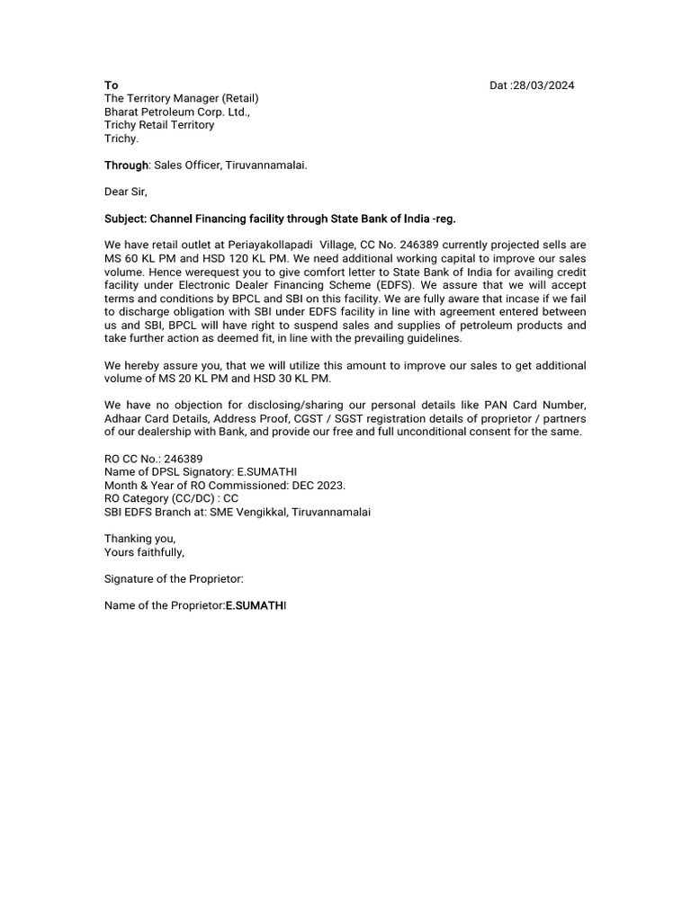 Request for SBI Comfort Letter | PDF