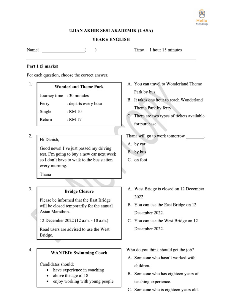 Uasa y6 English Set1 | PDF